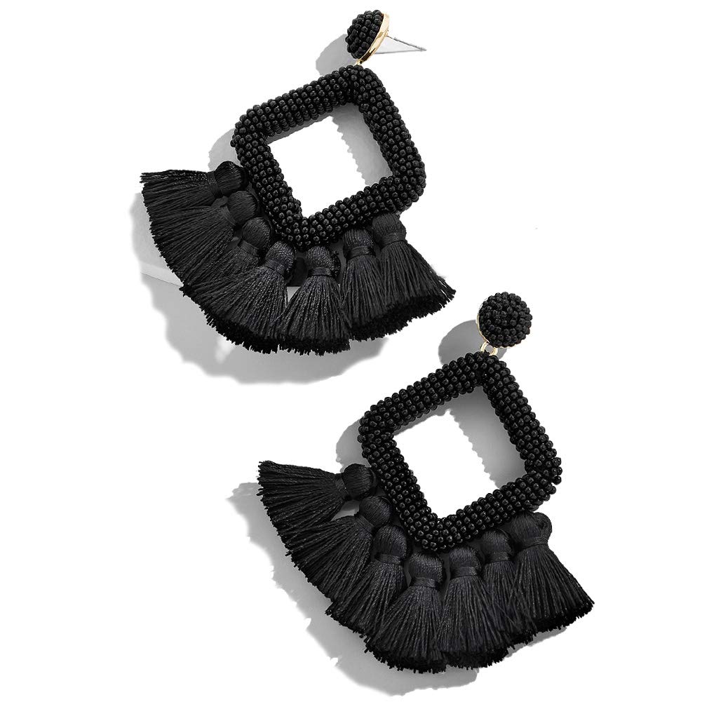 Beaded Tassel Drop Earrings – Statement Hoop Fringe Earrings Dangle, Gift Idea for Women, Mother, Sister, Daily Wearing (Black Square)