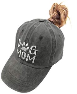 manmesh hatt dog mom ponytail baseball cap messy bun vintage washed distressed twill plain hat for women (grey, one size)