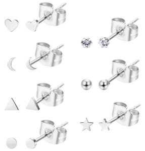 sllaiss 7 pairs tiny geometric stud earrings set stainless steel cz ball heart star cartilage earrings studs for women helix ear piercing set with gift box