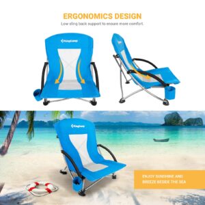 KingCamp Beach Chairs Foding Portable Lightweight Sand for Big Boy with Cup Holder,Carry Bag Padded Armrest for Outdoor Camping Lawn Concert Traveling Festival, Low Back, LowBack Blue 2