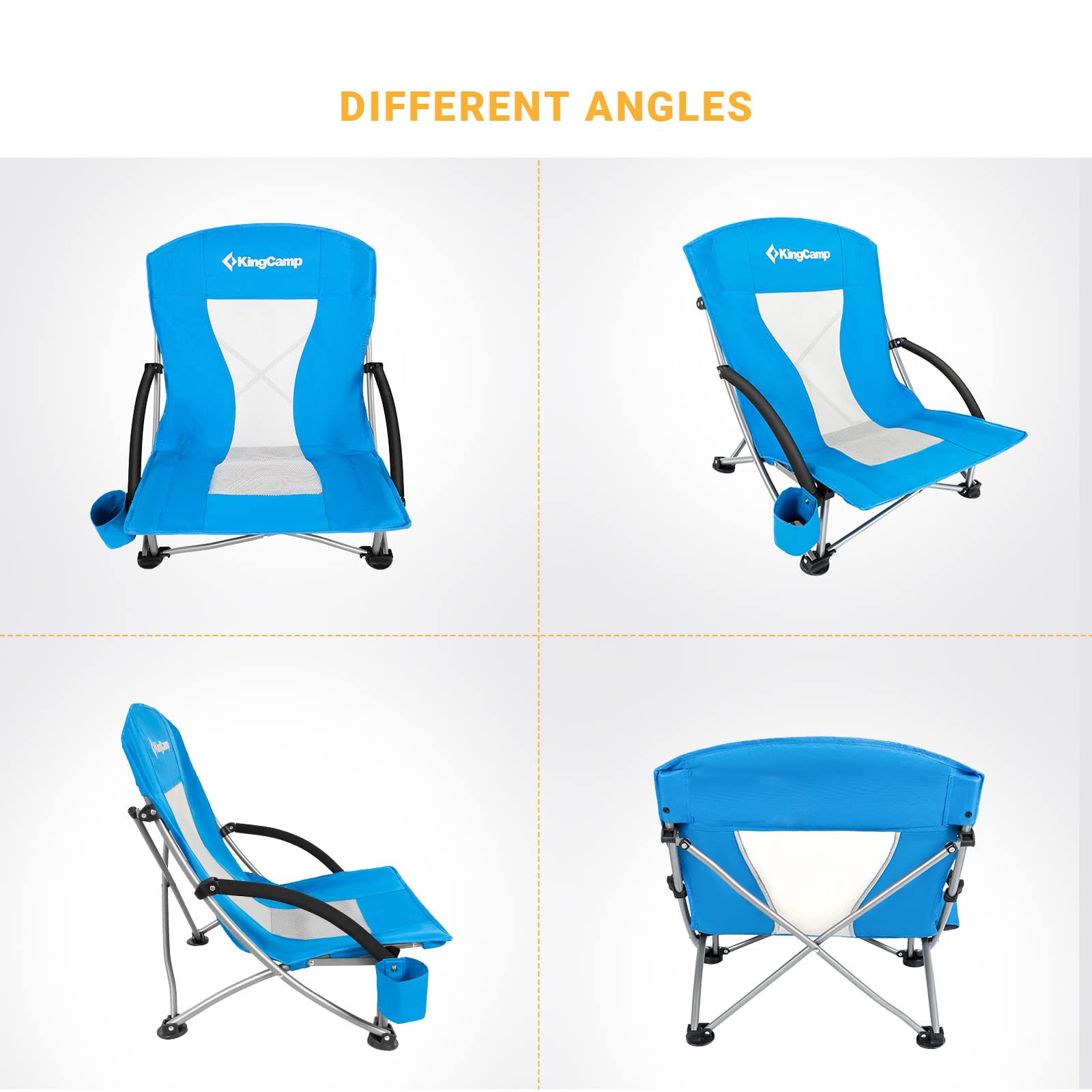 KingCamp Beach Chairs Foding Portable Lightweight Sand for Big Boy with Cup Holder,Carry Bag Padded Armrest for Outdoor Camping Lawn Concert Traveling Festival, Low Back, LowBack Blue 2