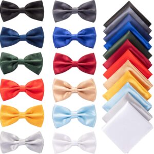 satinior 24 pcs pre tied bow and tie pocket square set 12 solid color adjustable bowtie 12 satin handkerchief for men boys(bright colors)