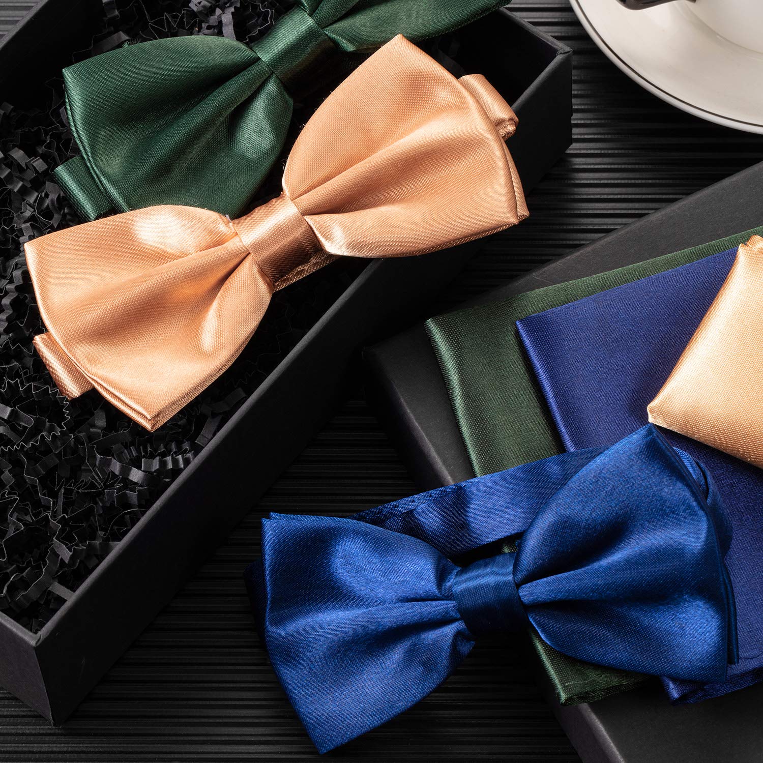 SATINIOR 24 Pcs Pre Tied Bow and Tie Pocket Square Set 12 Solid Color Adjustable Bowtie 12 Satin Handkerchief for Men Boys(Bright Colors)