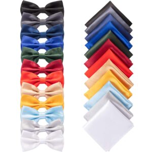 SATINIOR 24 Pcs Pre Tied Bow and Tie Pocket Square Set 12 Solid Color Adjustable Bowtie 12 Satin Handkerchief for Men Boys(Bright Colors)