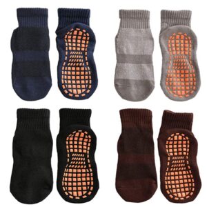 esaroll boys trampoline socks kids, non slip socks for kids bulk 4 pairs black grey brown navy blue 1 to 2 years