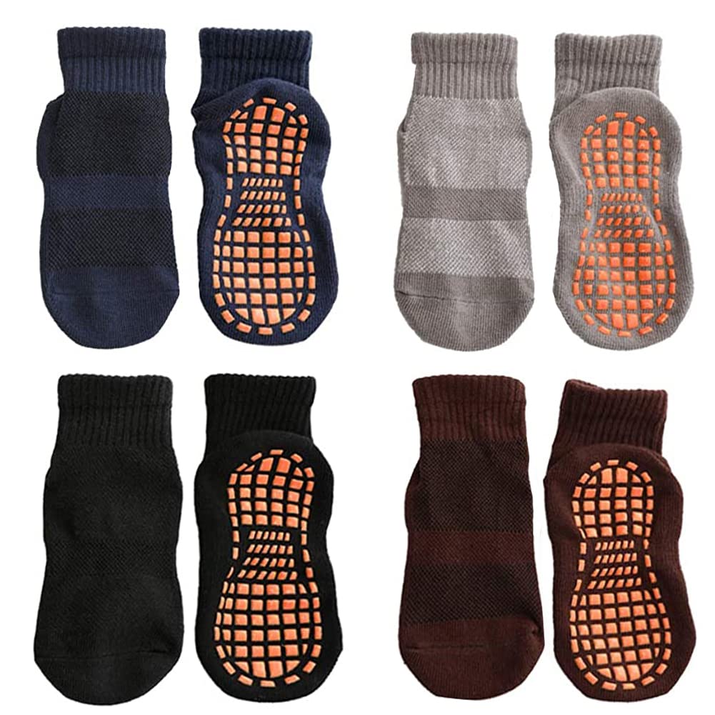 Esaroll Boys Trampoline Socks Kids, Non Slip Socks for Kids Bulk 4 Pairs Black Grey Brown Navy Blue 1 to 2 Years