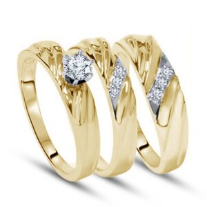 tvs-jewels trio ring set 14k yellow gold plated - 3 piece wedding his engagement her band rings sets - round cubic zirconia cz for couple men's and women's