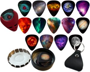 14-pack space universe guitar picks medium .71mm pack of 14 epic guitar picks with bonus guitar pick holder (will be random color) leather guitar pick keychain holder and tin carrying storage case