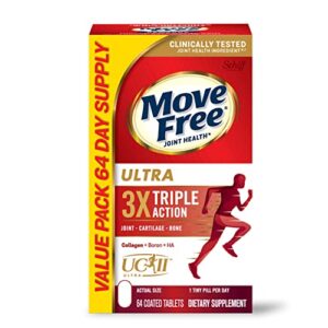 move free ultra triple action joint support supplement - type ii collagen boron & hyaluronic acid - supports joint comfort, cartiliage & bones in 1 tiny pill per day, 64 tablets (64 servings)*