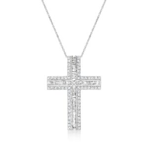 ross-simons 1.00 ct. t.w. baguette and round diamond cross pendant necklace in 14kt white gold. 20 inches