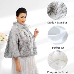 Catery Women’s Faux Fur Wraps and Shawls Bridal Wedding Cape Fur Stole Scarf Bride Scarves Shrug Winter Cover Up Accessories for Women and Girls(White+Black)