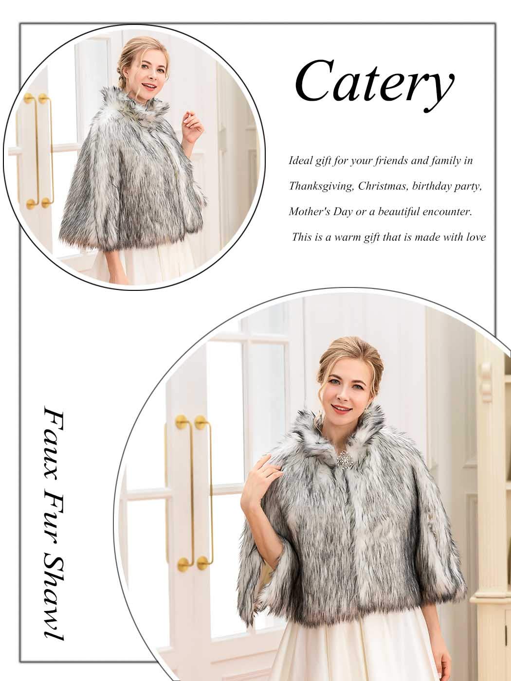 Catery Women’s Faux Fur Wraps and Shawls Bridal Wedding Cape Fur Stole Scarf Bride Scarves Shrug Winter Cover Up Accessories for Women and Girls(White+Black)