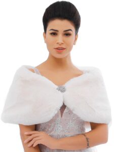 jakawin women’s faux rabbit fur wraps and shawls bride wedding fur stole bridal fur shrug for women (s-m,white)