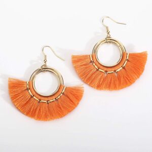 BaubleStar Fan Tassel Earrings Orange Bohemian Gold Hoop Dangle Fringe Drop Thread Tiered Layered Tassle Fashion Jewelry for Women