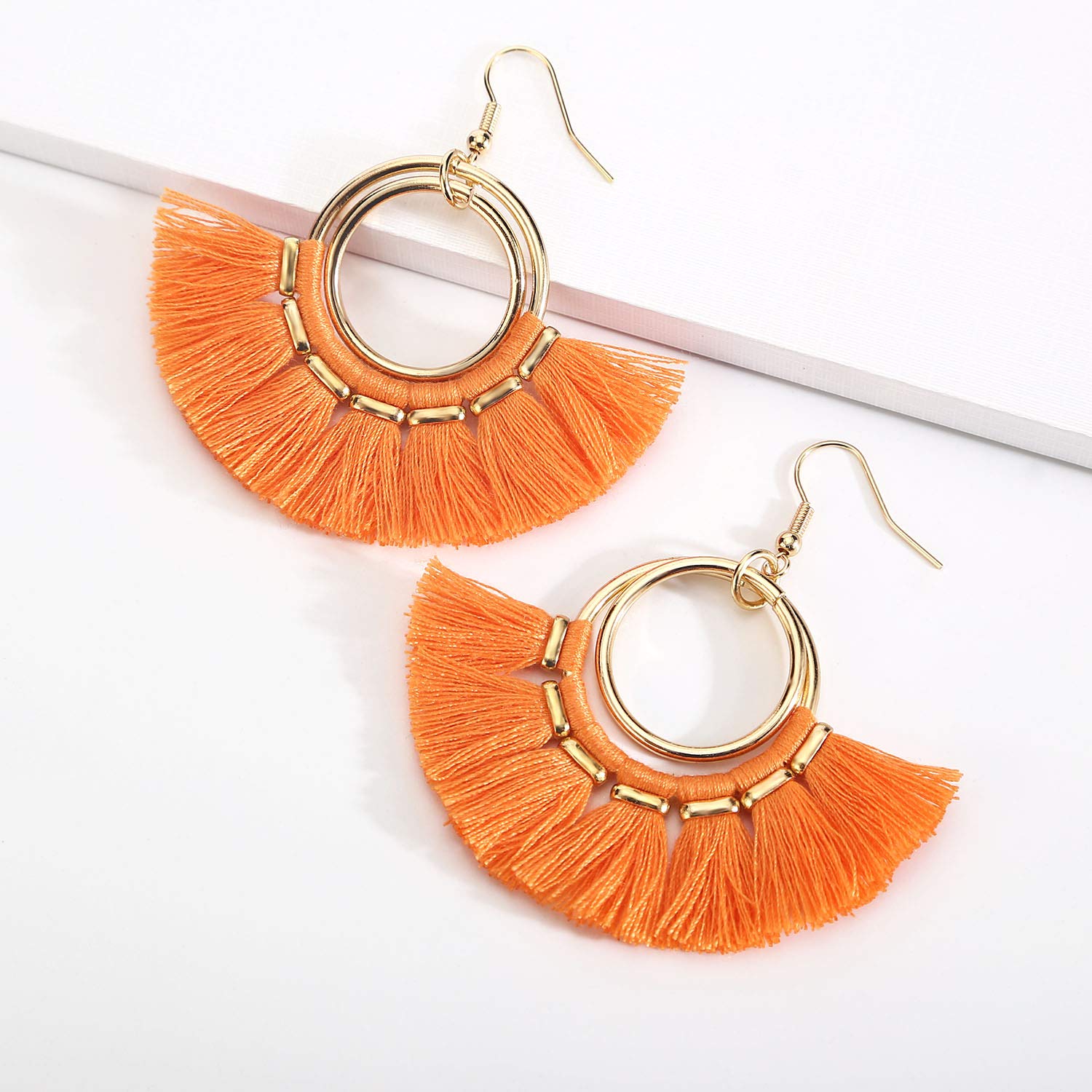 BaubleStar Fan Tassel Earrings Orange Bohemian Gold Hoop Dangle Fringe Drop Thread Tiered Layered Tassle Fashion Jewelry for Women