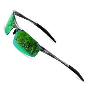 ronsou mens sunglasses polarized sport uv protection ultralight al mg sunglasses for men fishing driving golf gray frame green lens