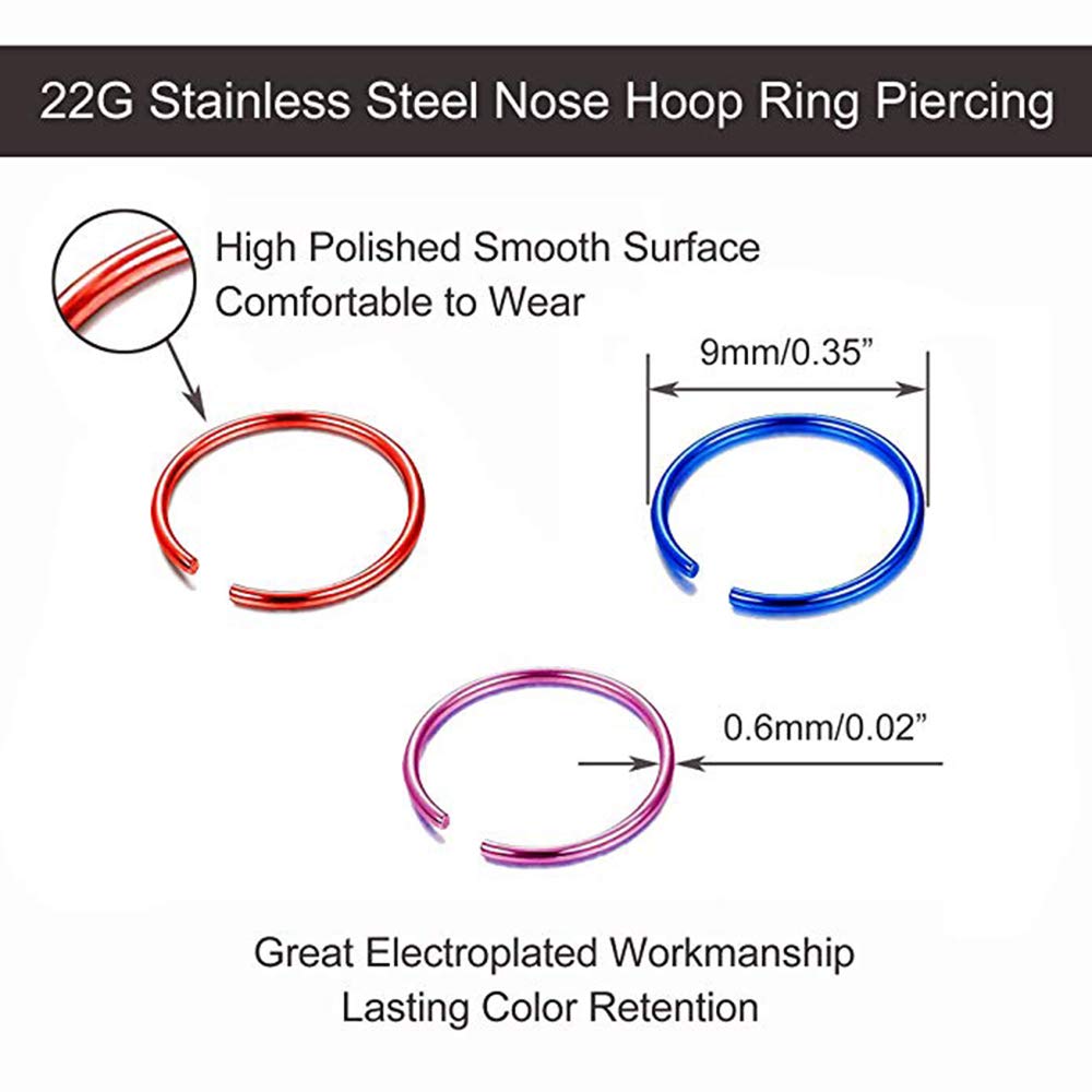 Greendou Fashion Jewelry Nose Hoop Ring,40pcs 22G Multicolor Nose Studs Rings,Stainless Steel Body Jewelry Piercing Nose Rings