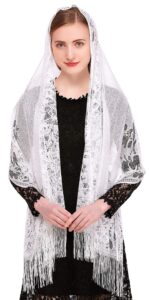 pamor chapel veil scarf mantilla veils rectangular wrap shawl mass head covering with fringe trim (white)