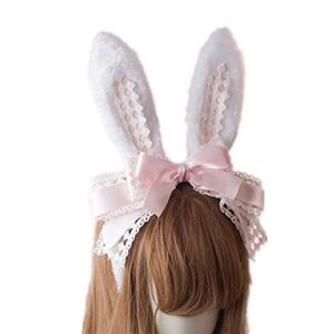 littleluluda easter party hair accessory headband gothic lolita cosplay cute rabbit bunny ears bow lace hair band headwear (pink)