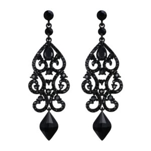 flyonce rhinestone crystal wedding art deco floral chandelier dangle earrings for women black black-tone