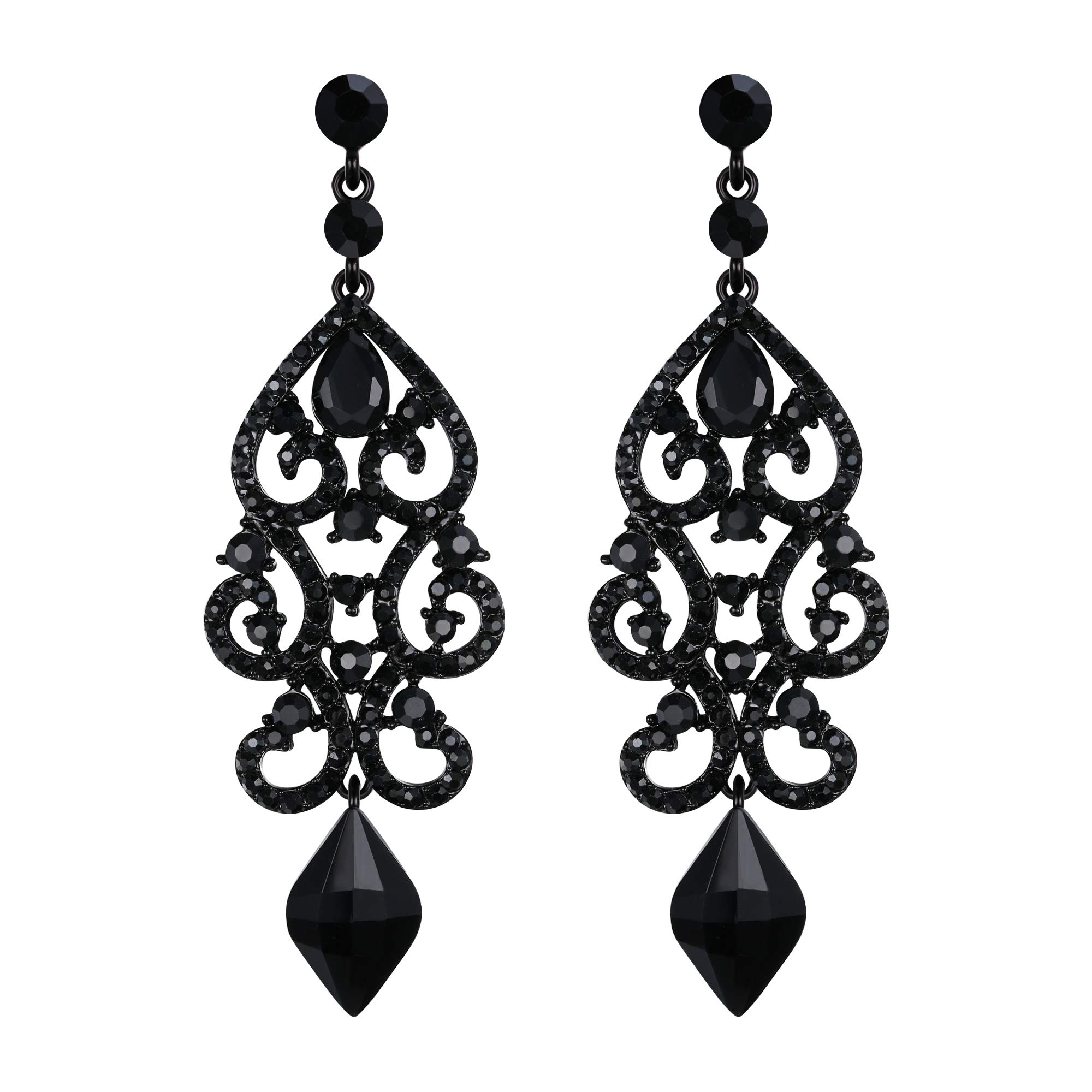 Flyonce Rhinestone Crystal Wedding Art Deco Floral Chandelier Dangle Earrings for Women Black Black-Tone