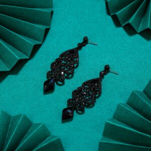 Flyonce Rhinestone Crystal Wedding Art Deco Floral Chandelier Dangle Earrings for Women Black Black-Tone