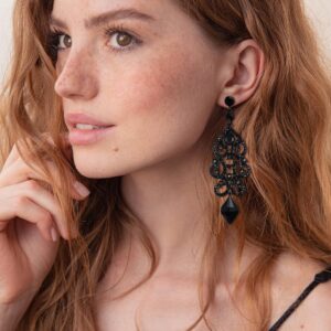 Flyonce Rhinestone Crystal Wedding Art Deco Floral Chandelier Dangle Earrings for Women Black Black-Tone