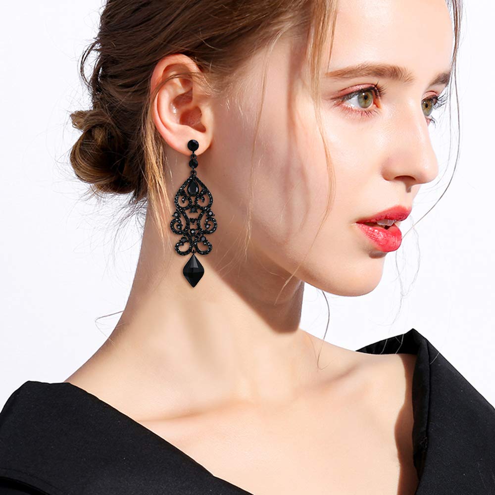 Flyonce Rhinestone Crystal Wedding Art Deco Floral Chandelier Dangle Earrings for Women Black Black-Tone