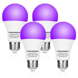 faguangao led black light bulb,9w(75watt equivalent) a19 uv blacklight bulb,120v,uva level 390-400nm,e26 medium base,glow in the dark for blacklight party,fluorescent poster,neon glow,4 pack