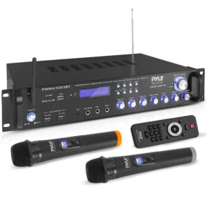 pyle 3000w bluetooth hybrid speaker-high-powered pre-amplifier w/ 2 vhf wireless handheld microphones, mp3/aux/usb/sd readers/fm radio/rack mount design w/led backlight pwma3003bt