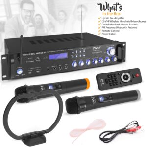 Pyle 3000W Bluetooth Hybrid Speaker-High-Powered Pre-Amplifier w/ 2 VHF Wireless Handheld Microphones, MP3/Aux/USB/SD Readers/FM Radio/Rack Mount Design w/LED Backlight PWMA3003BT