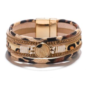 arvato leather wrap bracelet for women trendy (7.68”) multi layerd boho western animal print cheetah leopard bracelet stackable cuff jewelry mother's day christmas gift