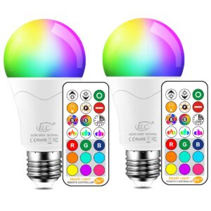 ilc led light bulb 85w equivalent, 5700k daylight white color changing light bulbs with remote control rgb 6 modes, timing, sync, dimmable e26 screw base (2 pack)