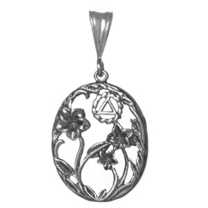 alcoholics anonymous (aa) symbol - sterling silver pendant, aa symbol in a old fashion style pendant with 3 flowers