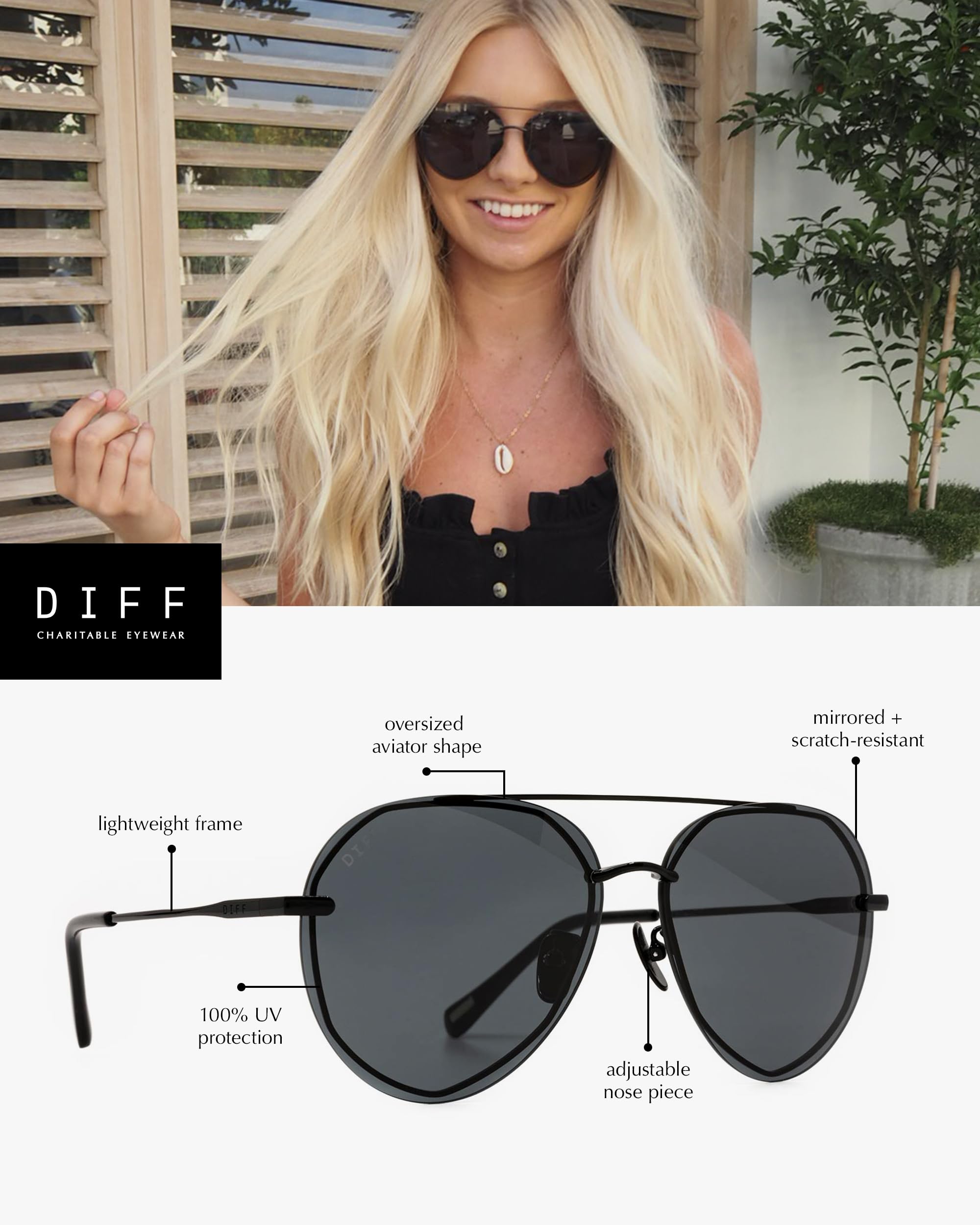 DIFF Lenox Black + Grey, Designer Oversized Aviator Sunglasses for Women UV400 Protection