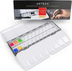 arteza empty watercolor palette tin, 24 half pans, customizable portable empty half pans for watercolor paints