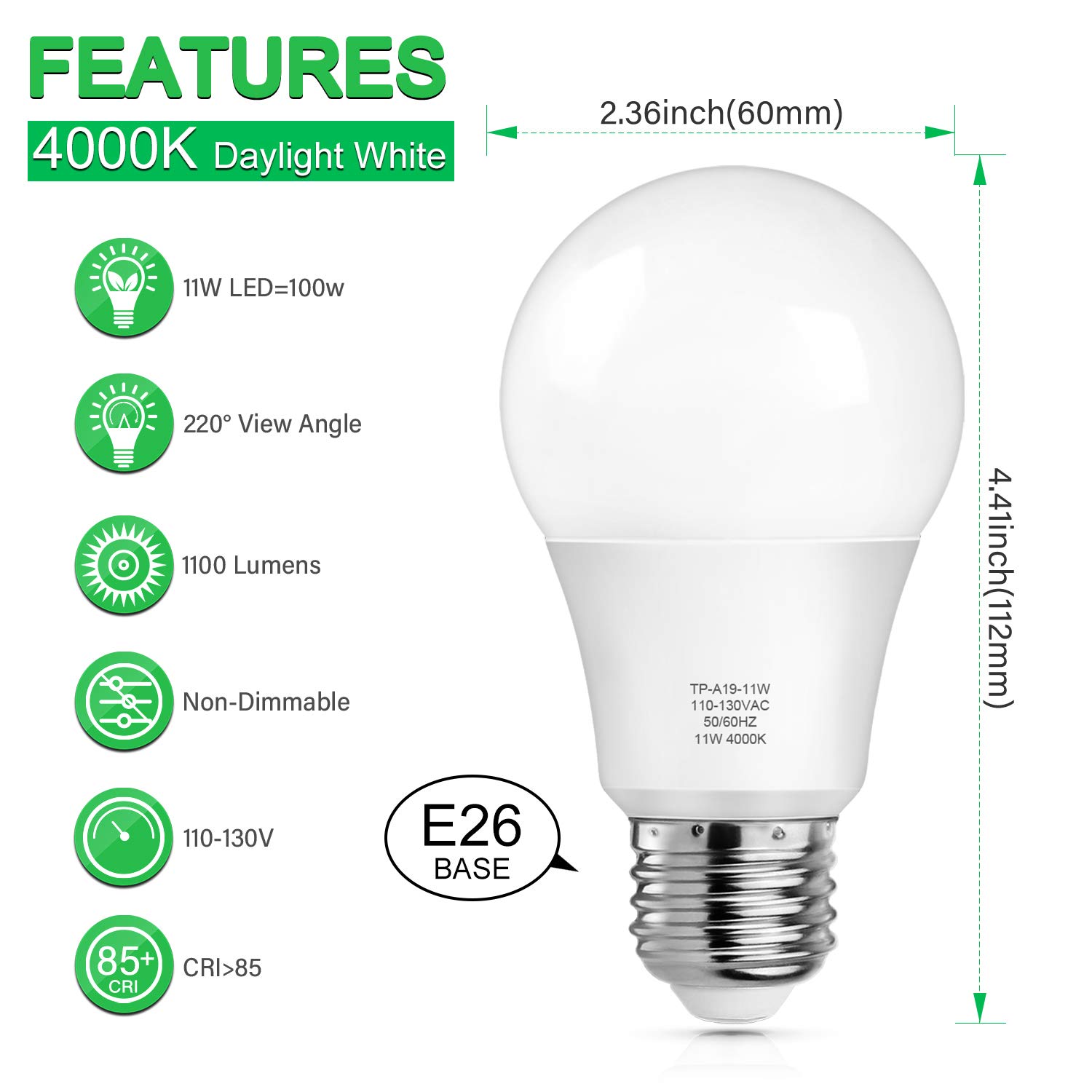 SunRider A19 LED Light Bulbs, 100 Watt Equivalent LED Bulbs, 4000K Daylight White, 1100 Lumens, Standard E26 Medium Screw Base, CRI 85+, 25000+ Hours Lifespan, No Flicker, Non-Dimmable, Pack of 12