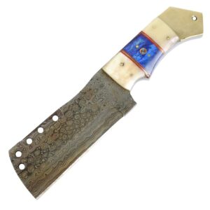 hunt-down theboneedge 9.5" full tang damascus blade bone handle cleaver style hunting knife