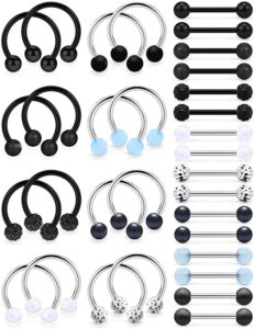 ftovosyo 16 pairs 16g surgical steel nipplerings nipple tongue rings straight & horseshoe barbell hoop body piercing jewelry for women men glow in the dark pearl ball black 16mm