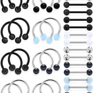 Ftovosyo 16 Pairs 16G Surgical Steel Nipplerings Nipple Tongue Rings Straight & Horseshoe Barbell Hoop Body Piercing Jewelry for Women Men Glow in The Dark Pearl Ball Black 16mm