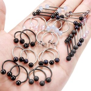 Ftovosyo 16 Pairs 16G Surgical Steel Nipplerings Nipple Tongue Rings Straight & Horseshoe Barbell Hoop Body Piercing Jewelry for Women Men Glow in The Dark Pearl Ball Black 16mm