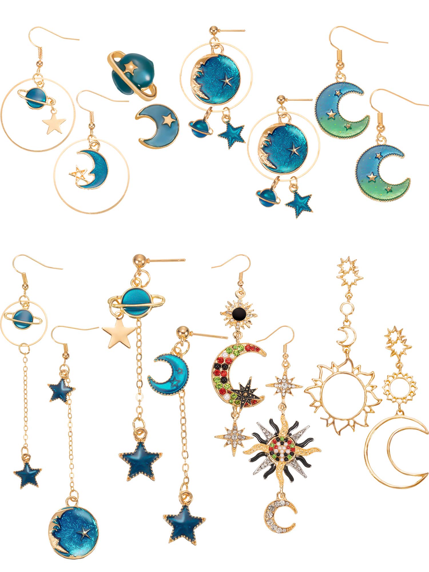 8 Pairs Moon Star Earth Planet Earrings Asymmetrical Vintage Bohemian Earrings Dangle Pendant Earrings Drop Hook Earrings Jewelry for Women