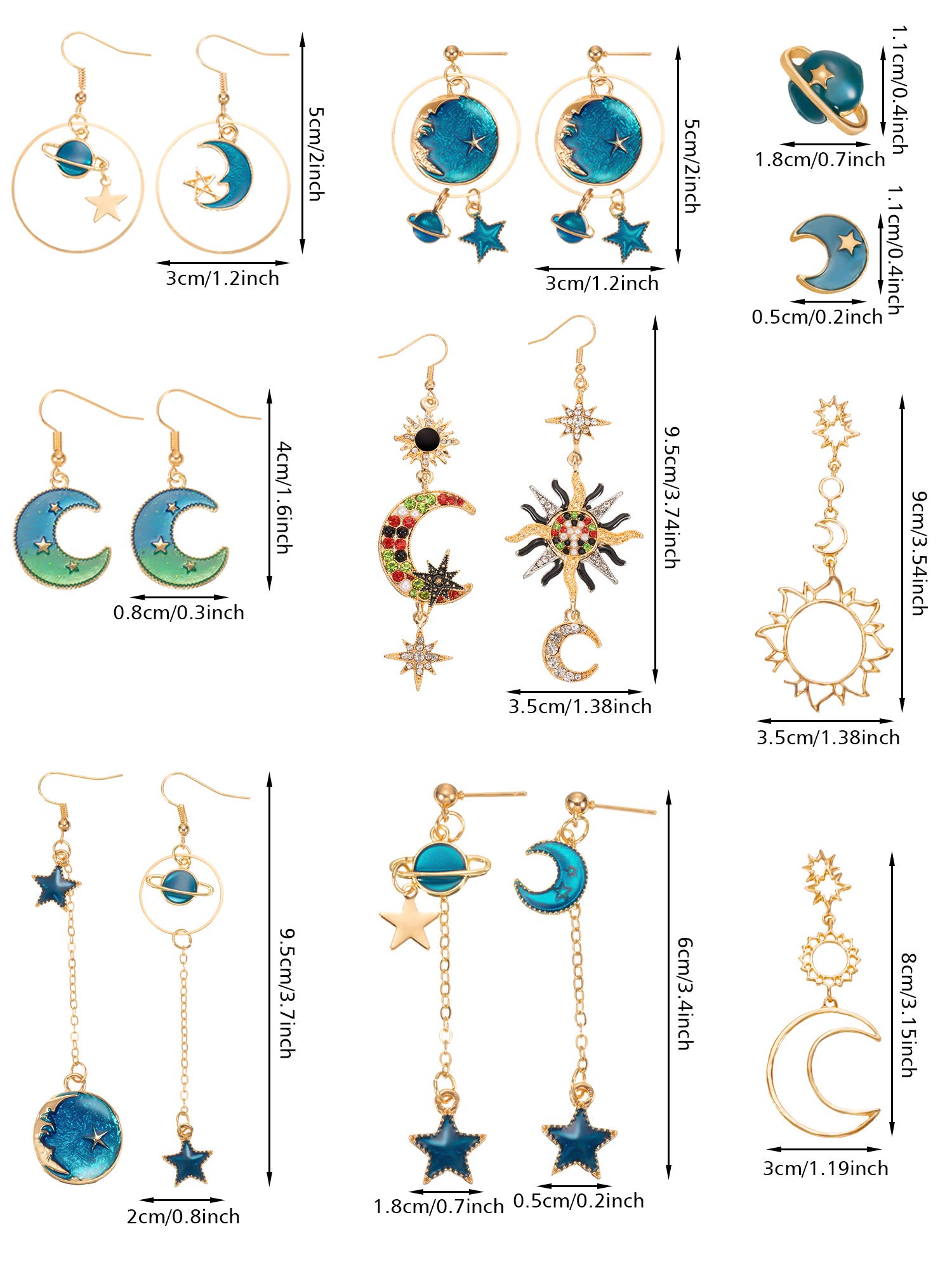 8 Pairs Moon Star Earth Planet Earrings Asymmetrical Vintage Bohemian Earrings Dangle Pendant Earrings Drop Hook Earrings Jewelry for Women