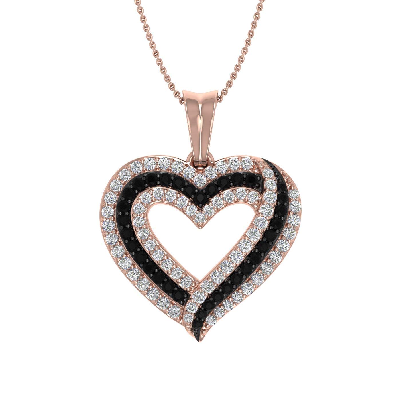 FINEROCK 1/2 Carat Black & White Diamond Heart Pendant Necklace in 10K Rose Gold (Included Silver Chain)