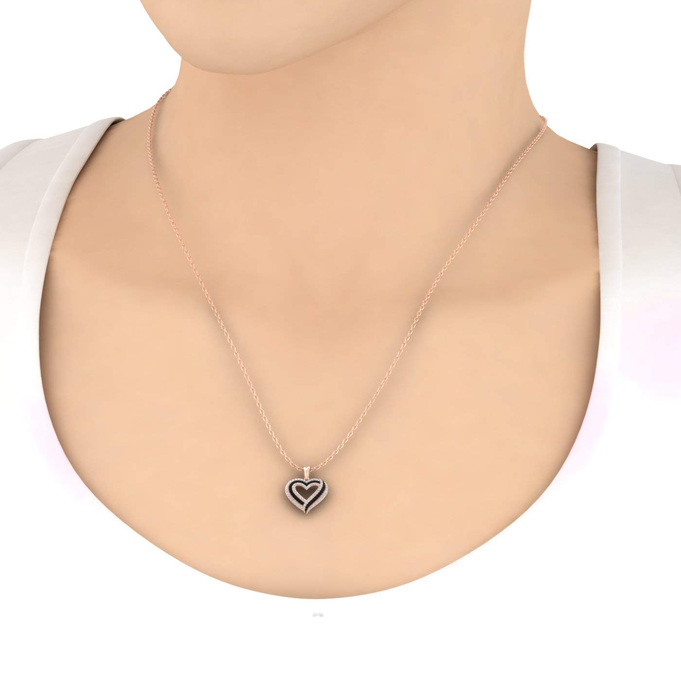 FINEROCK 1/2 Carat Black & White Diamond Heart Pendant Necklace in 10K Rose Gold (Included Silver Chain)