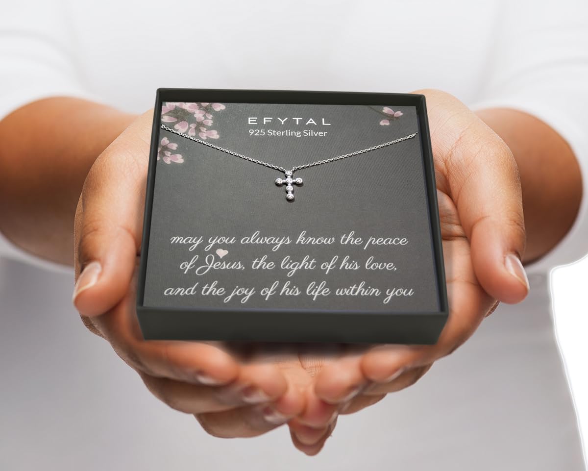 EFYTAL Small Cross Necklace for Women, Sterling Silver Dainty CZ Cross Necklace for Women, First Communion Gifts, Confirmation Gifts for Teen