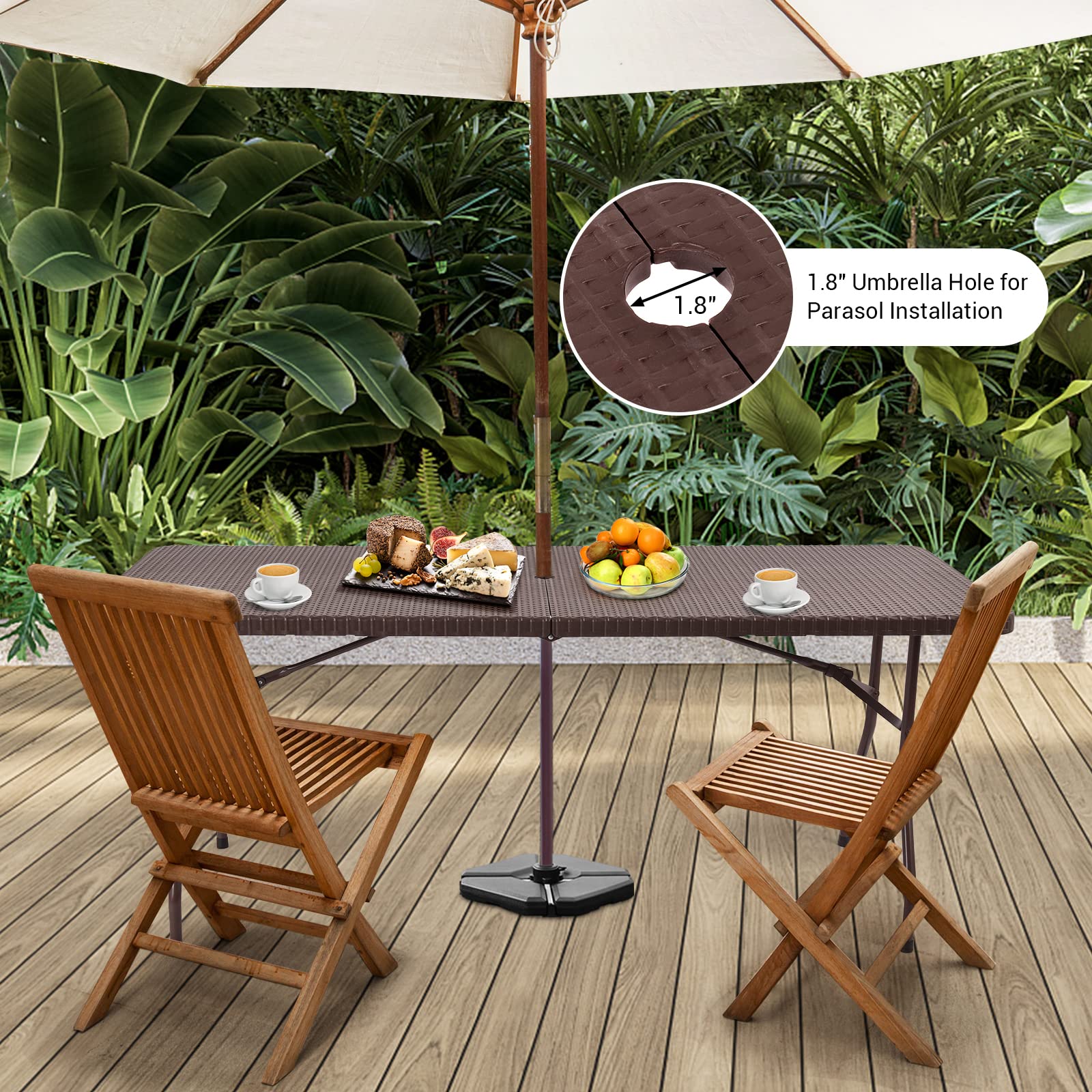 GYMAX 6FT Folding Table, Portable Lightweight Camping Table with Carry Handle, Easy Fold Up Rectangle Indoor/Outdoor Collapsible Table for Camp, Picnic, BBQ, Patio (Rattan Tabletop with Umbrella Hole)