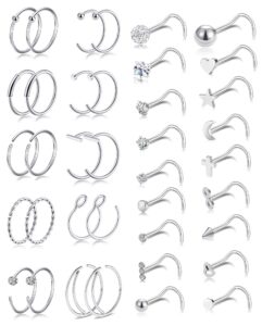 ofeiyaa 38pcs stainless steel nose rings geometric nose studs septum ring hoop cartilage stud nose l & i shape body piercing jewelry for women silver rose gold tone (a2:38pcs,s silver stone)