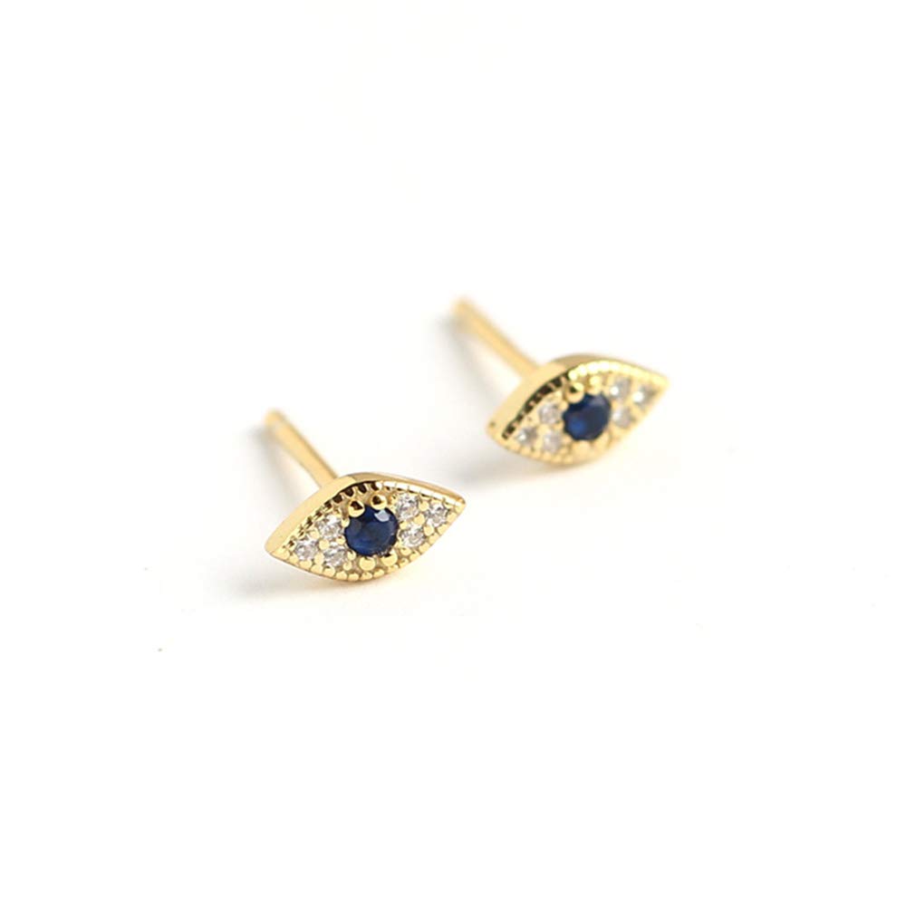 Dainty Evil Eye Mini Stud Earrings Sterling Silver Blue Crystal CZ Wedding Earring Ear Piercing Studs for Women (Gold)