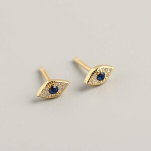 Dainty Evil Eye Mini Stud Earrings Sterling Silver Blue Crystal CZ Wedding Earring Ear Piercing Studs for Women (Gold)